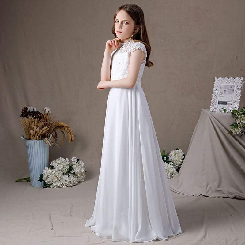 Elegant Lace Princess Dress White High-Waist Long Dress for Girls A Pu ...